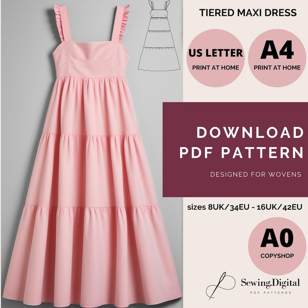 Empire Waist Tiered Maxi Dress PDF Sewing Pattern (sizes 8UK/34EU ...