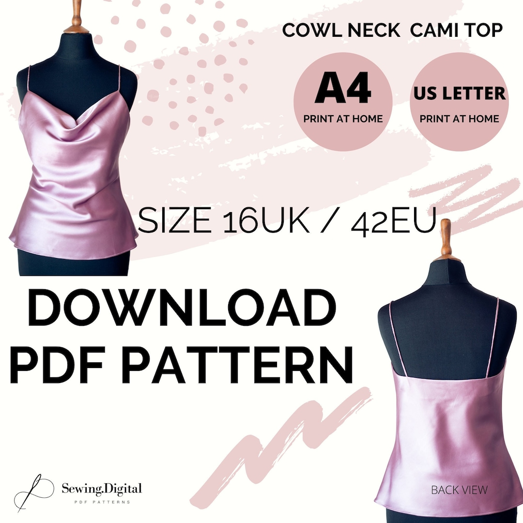 Cowl Neck Cami Top PDF Sewing Pattern, Size 16UK 42EU, Digital Download ...