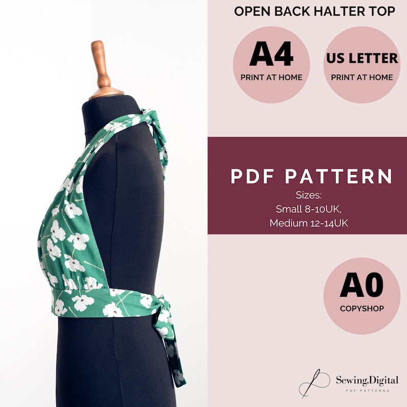 Backless Halter Top PDF Sewing Pattern, Sizes Small-medium (digital ...