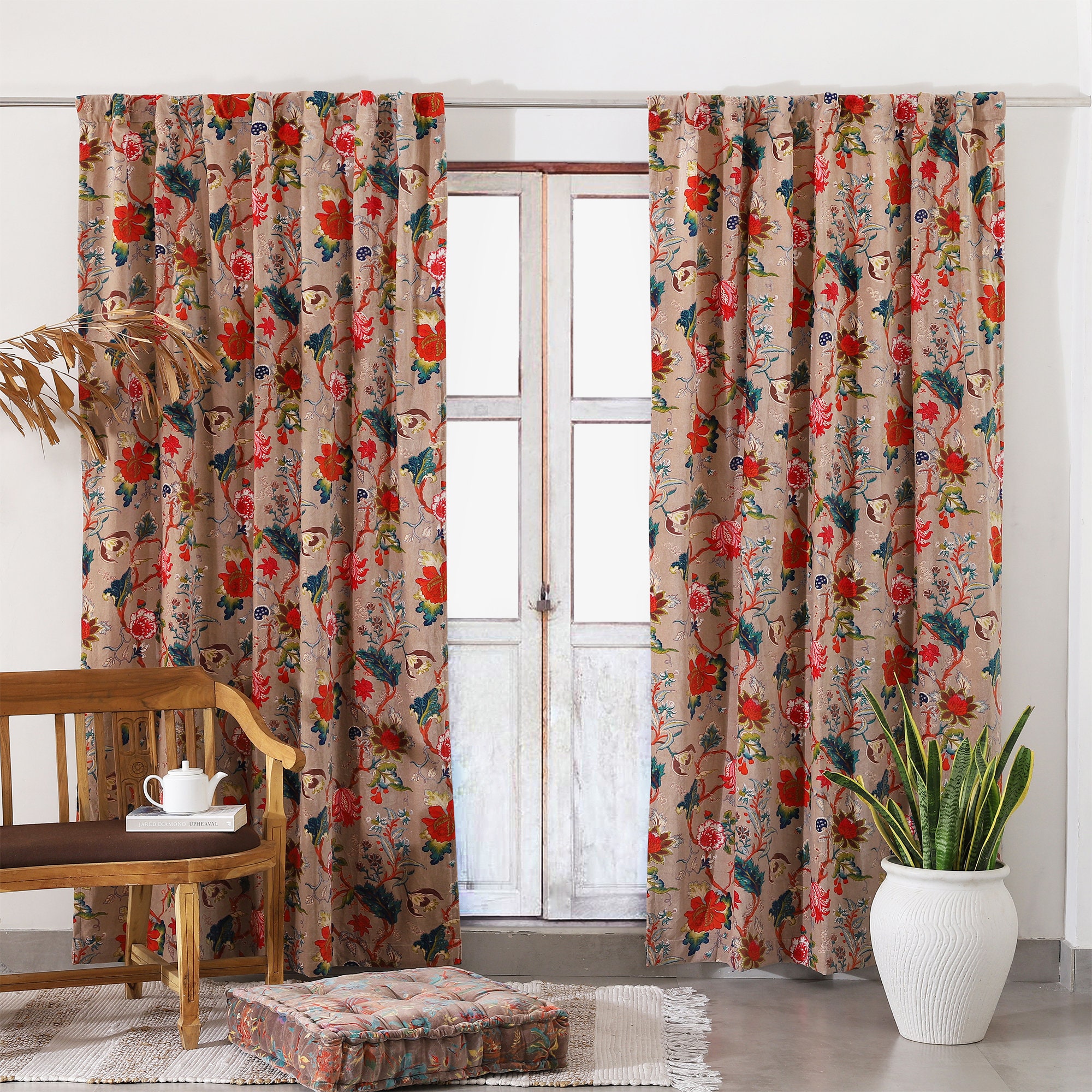 Red Patterned Curtains Living Room