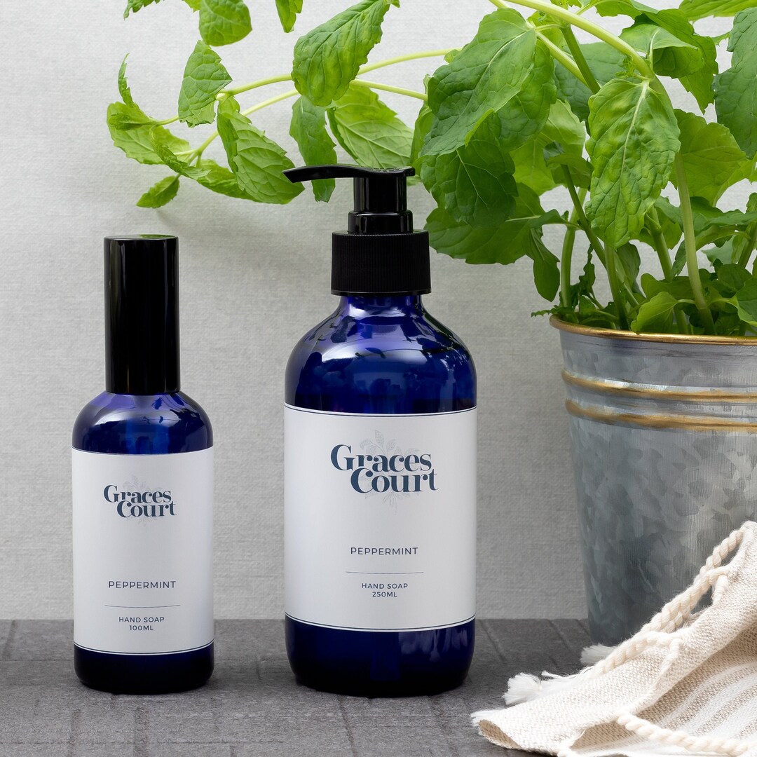 Organic Peppermint Hand Soap 100ml & 250ml in Blue Glass - Etsy