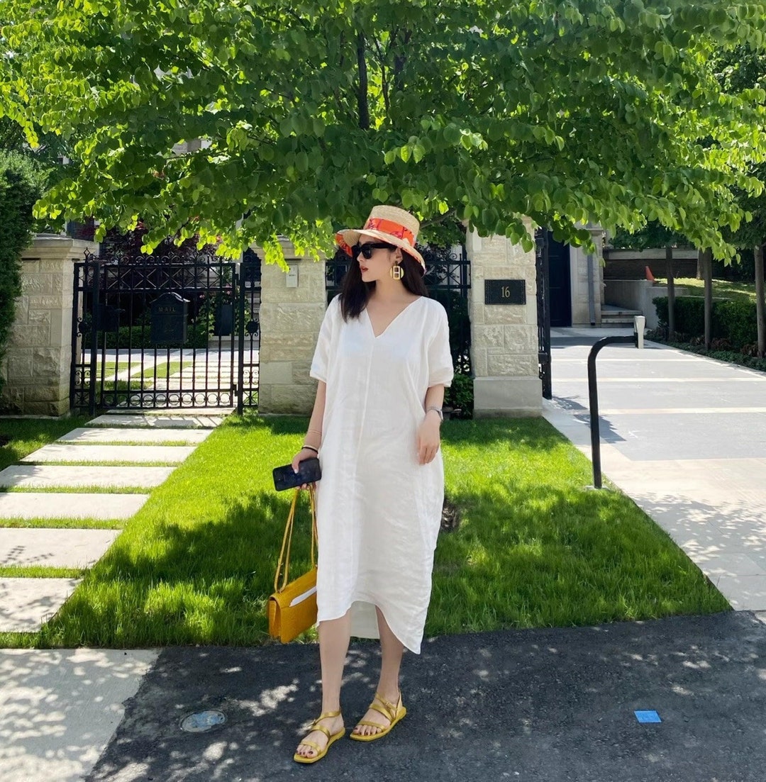Women Dress Linen Caftan Dress Deep V Neck Linen Tunic Dress - Etsy