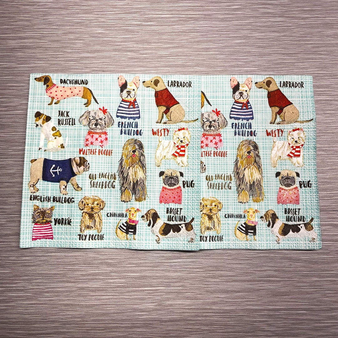 2 Individual Paper Decoupage Napkins Multicolor Various Dog Breed W ...