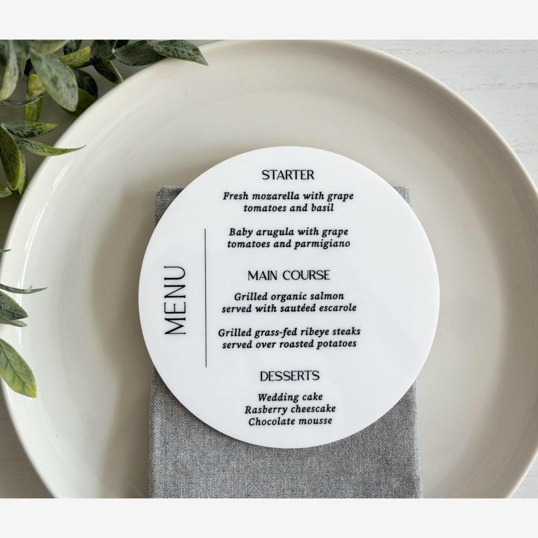 Round Acrylic Engraved Menu, Wedding Rehearsal Dinner, Event Menu ...