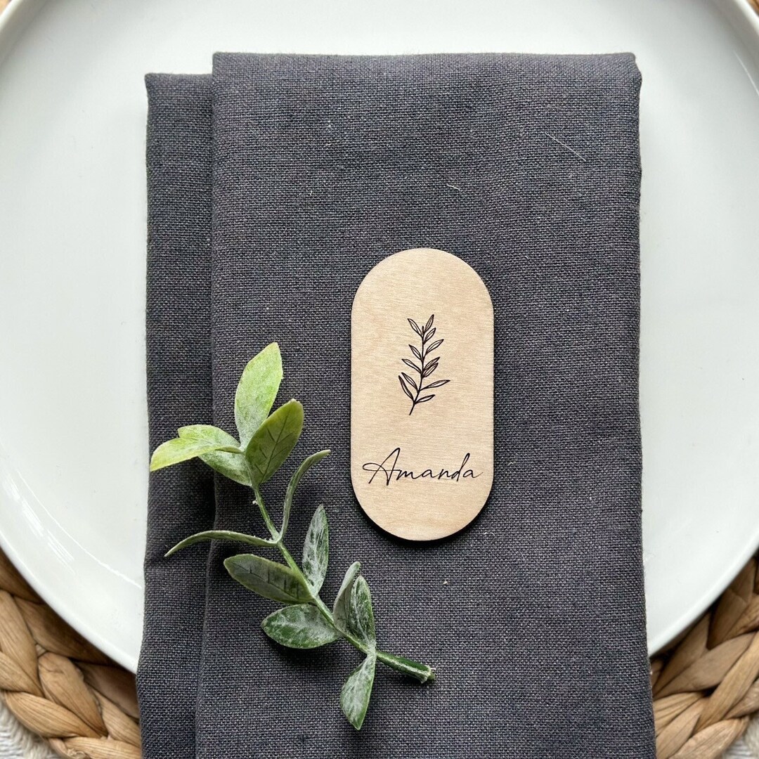 Wood Place Card, Oval Name Card, Botanical, Modern Wedding, Place ...
