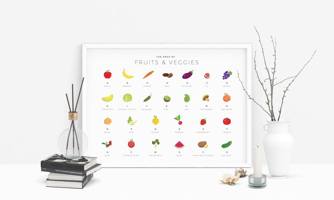 Abcs of Fruits and Veggies, Art Print for Kids Room or Nursery, Baby ...