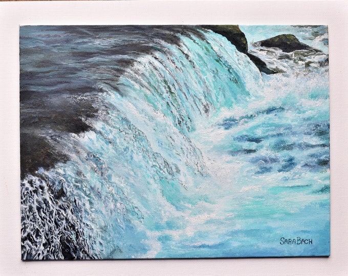 Waterfall Painting Original Oil, Alaska Waterfall Art, Painting Rushing ...
