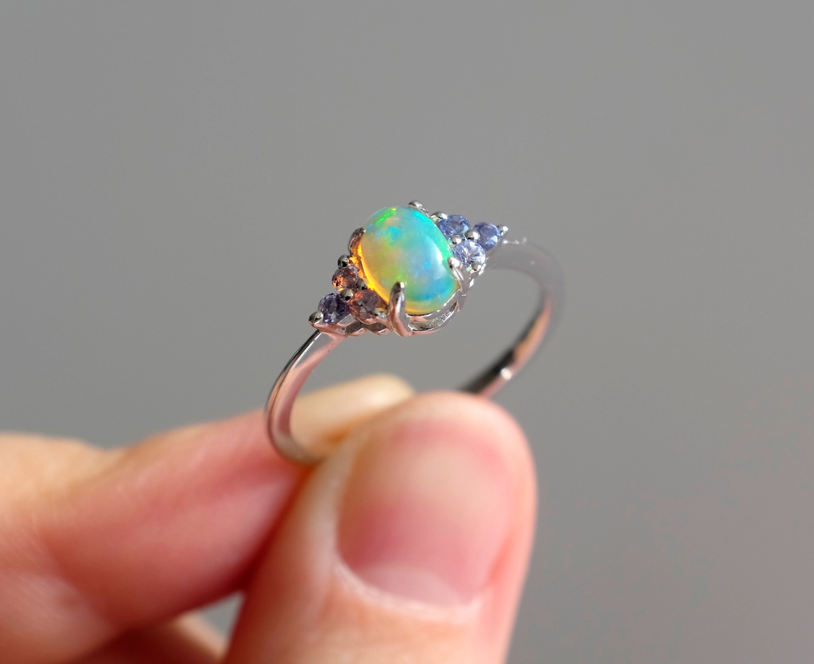 Rainbow Opal Ring in 925 Sterling Silver and Blue Tanzanite | Etsy