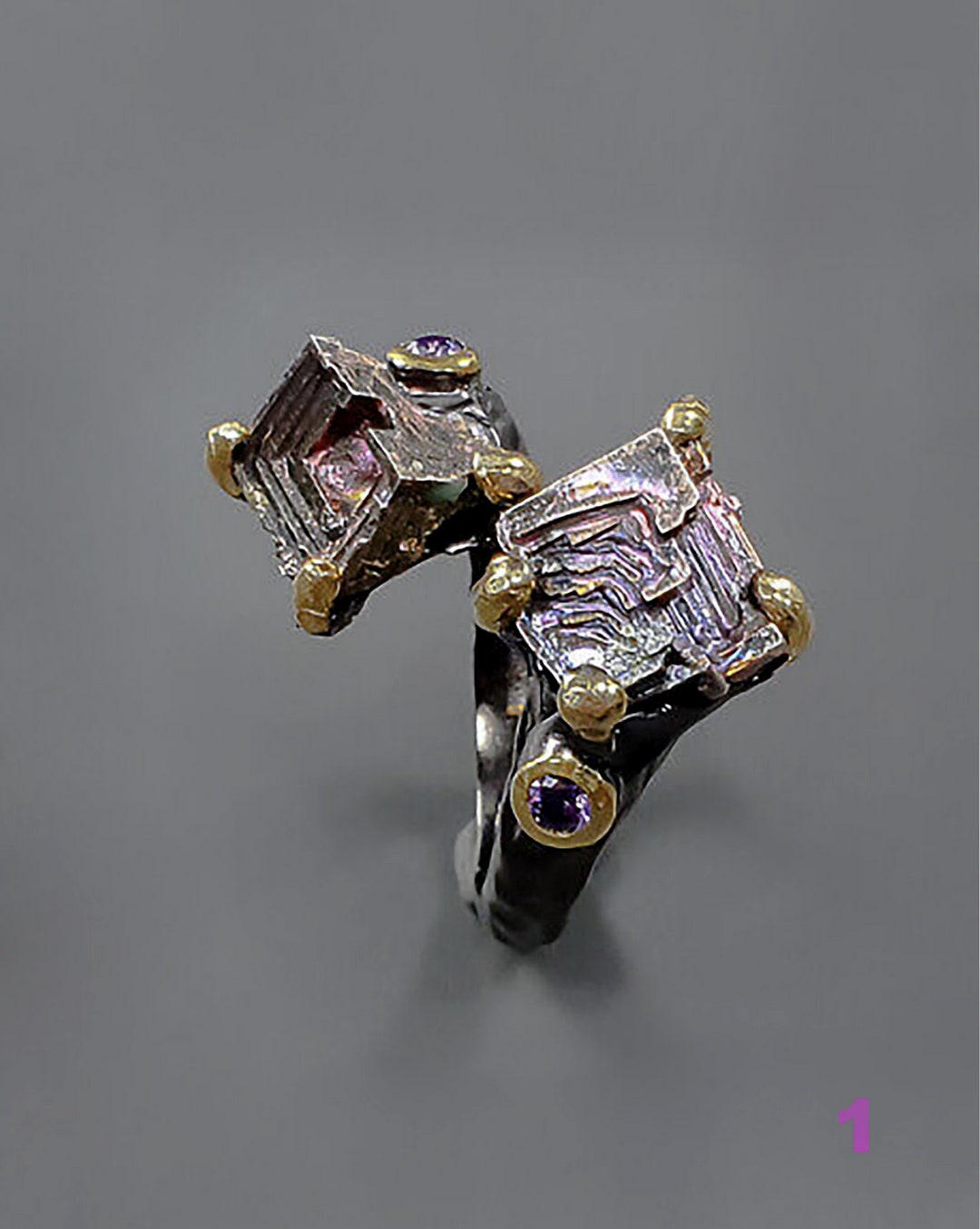 Raw Bismuth Ring for Women, Rainbow Rough Crystal Big Stone Black Silver Jewelry Birthday ...