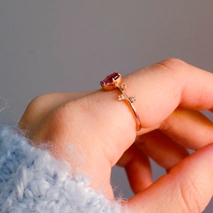 14K Rose Gold Natural Ruby Ring, Tiny Dainty Diamond Ring for Women ...