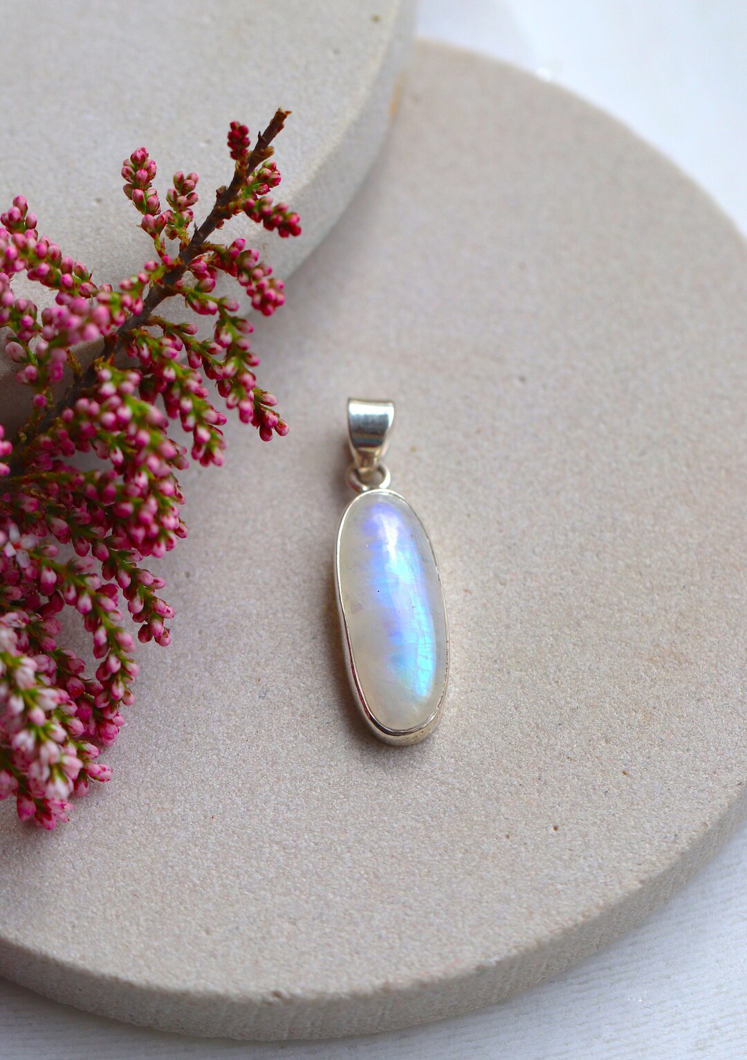 Large Oval Blue Moonstone Pendant, Natural Rainbow Moonstone Necklace ...