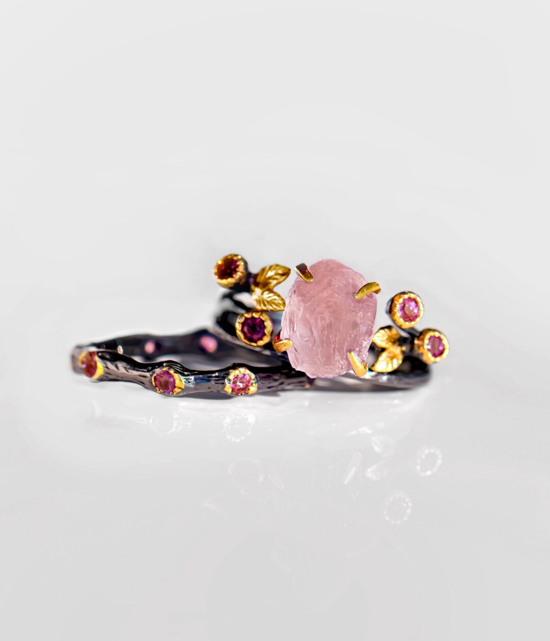 Raw Pink Morganite Ring Set, Nature Inspired Engagement Wedding Band ...