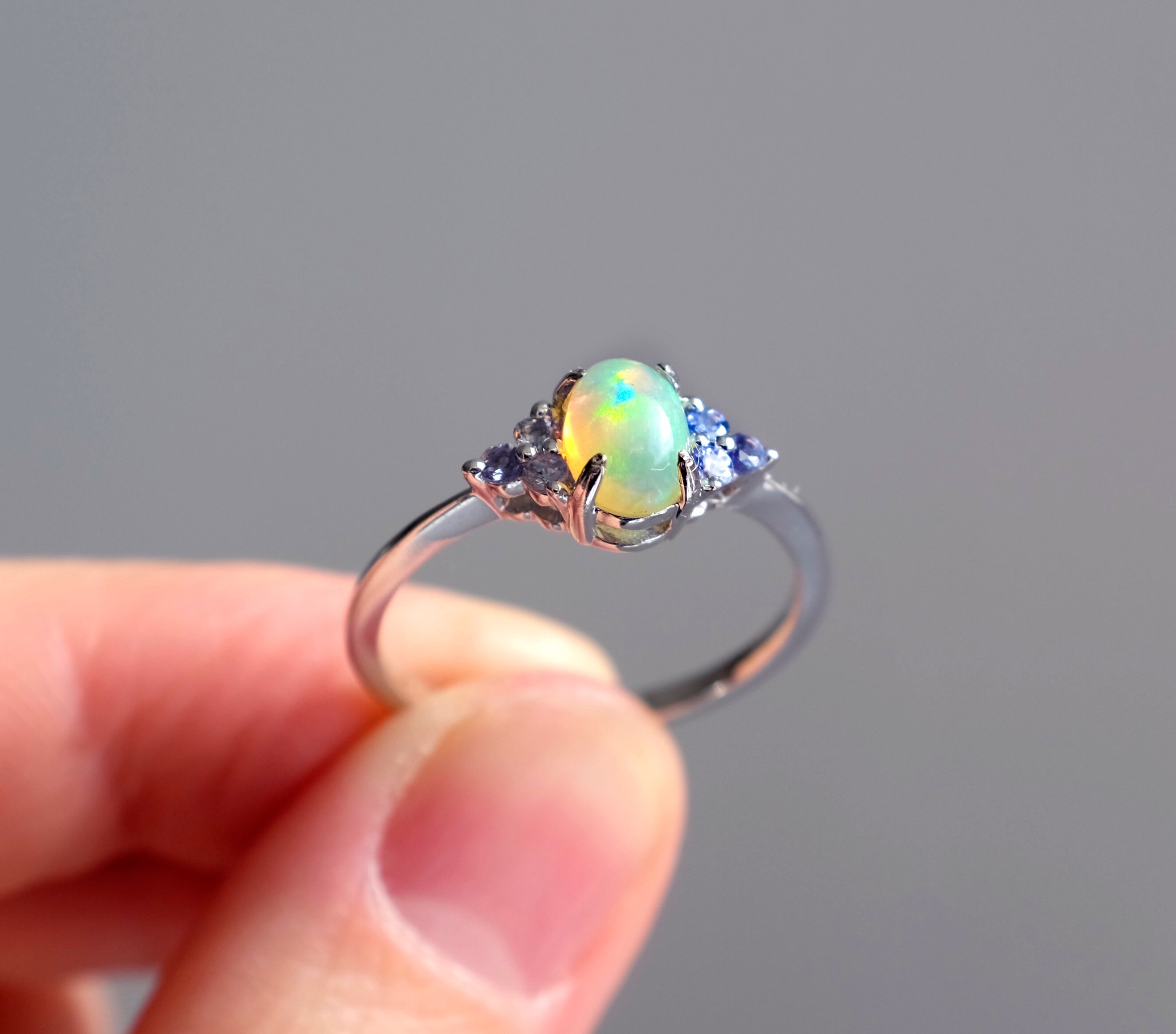 Rainbow Opal Ring in 925 Sterling Silver and Blue Tanzanite | Etsy