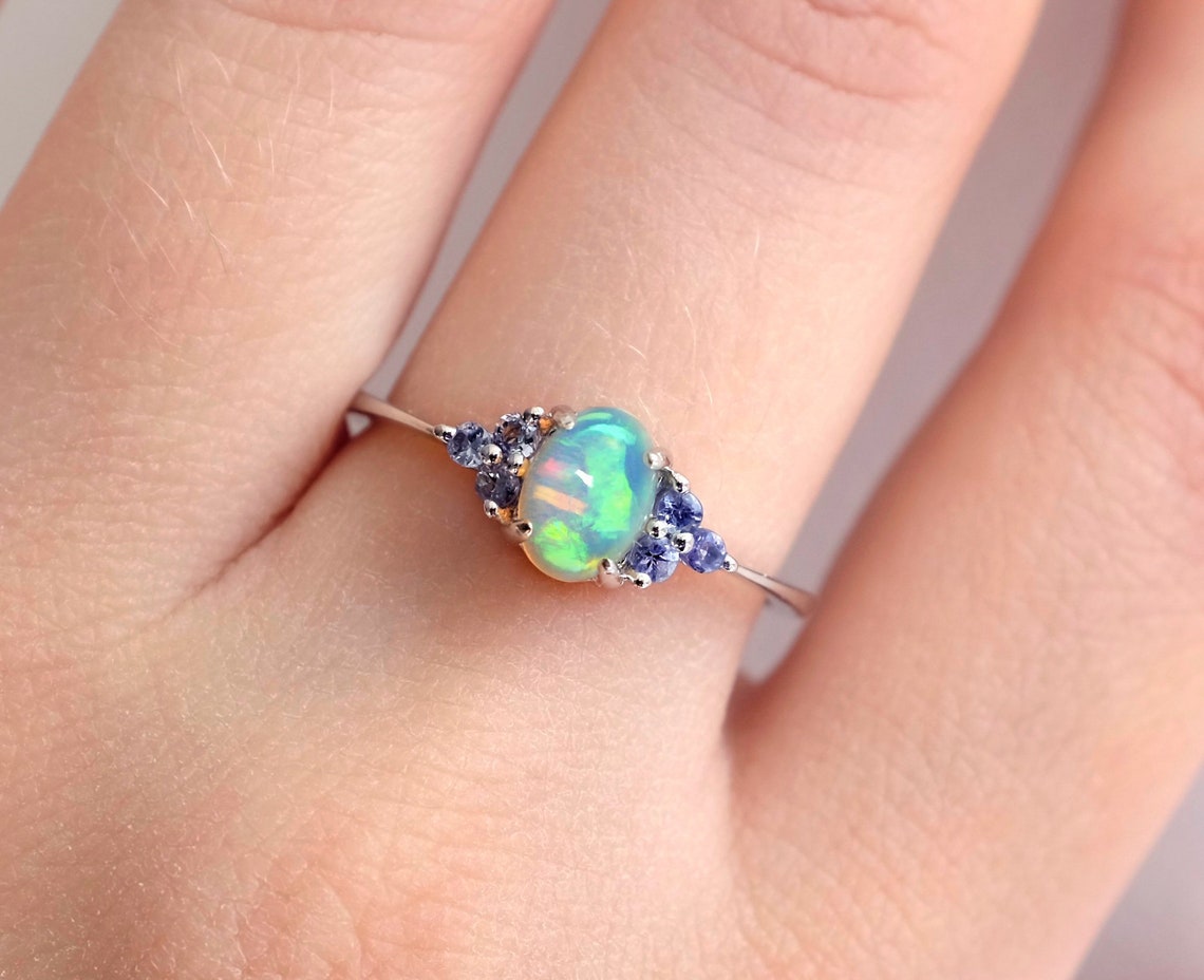 Rainbow Opal Ring in 925 Sterling Silver and Blue Tanzanite | Etsy
