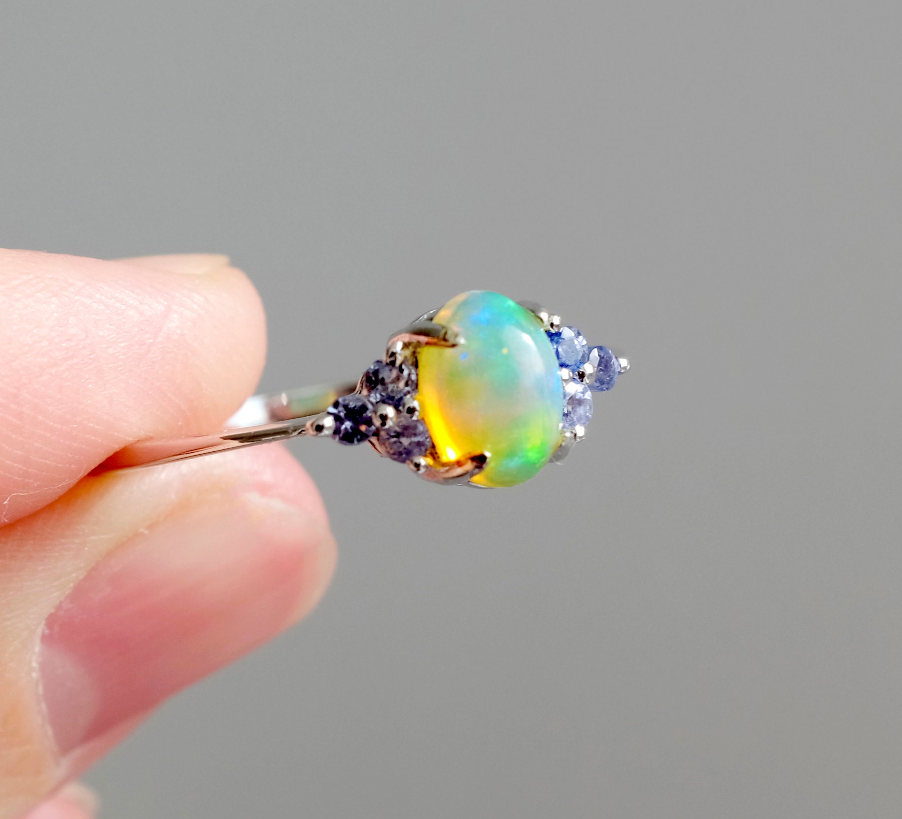 Rainbow Opal Ring in 925 Sterling Silver and Blue Tanzanite | Etsy