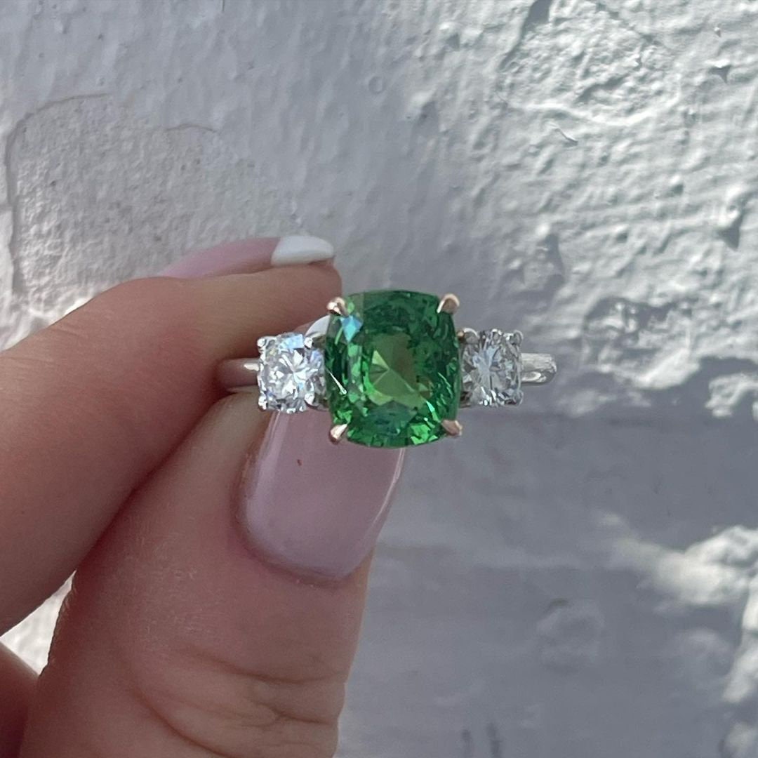 Lab Tsavorite Gemstone Ring/ Cushion Cut Tsavorite Gemstone/ 925 ...