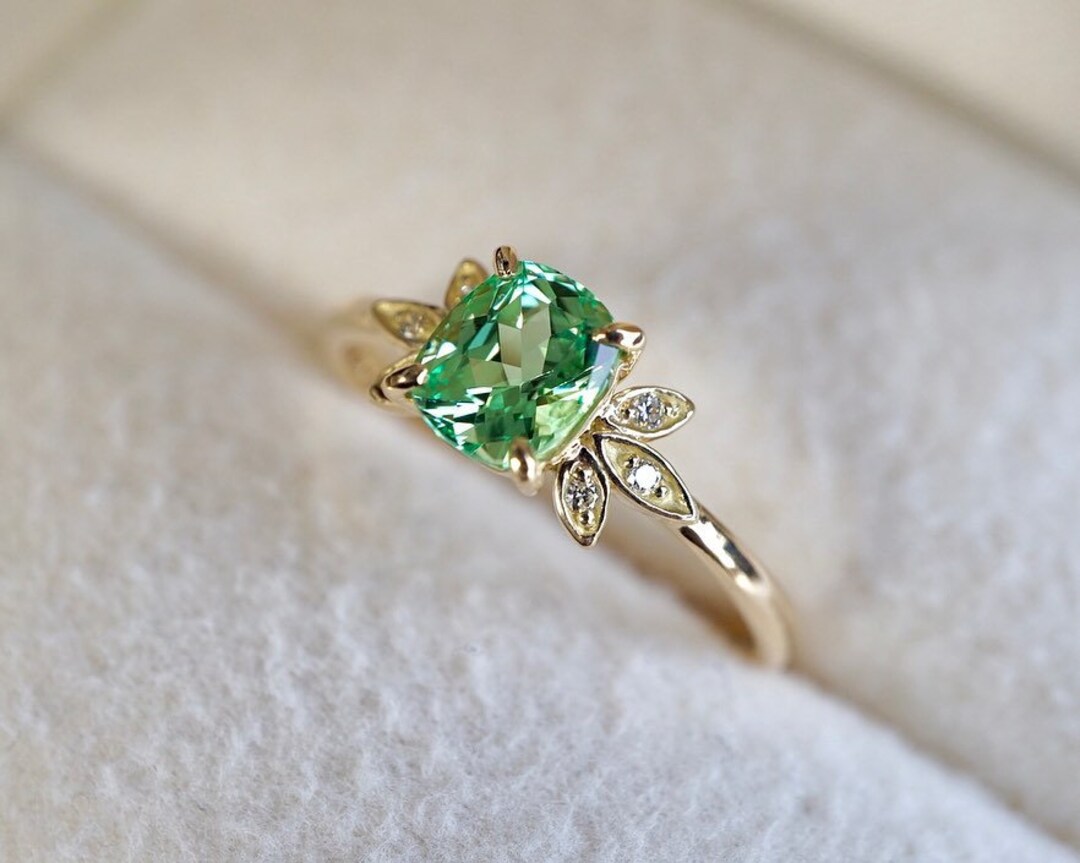 Green Garnet Ring/ Cushion Cut Green Garnet/ 925 Sterling Silver Ring ...