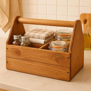 Wooden Organizer Caddy | Oak Finish Kitchen Storage Box | Rustic ...