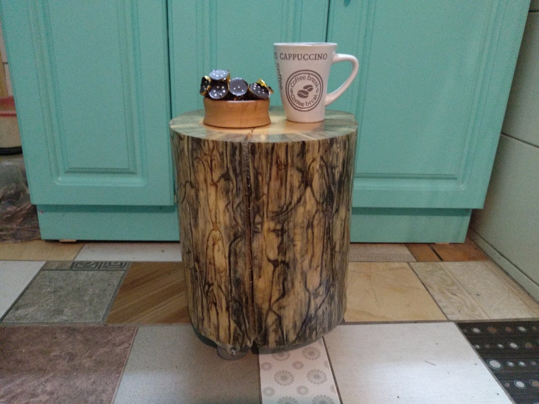 Artistic Pine Log Table With Beetle Pattern, Rustic Wooden Stump Side ...