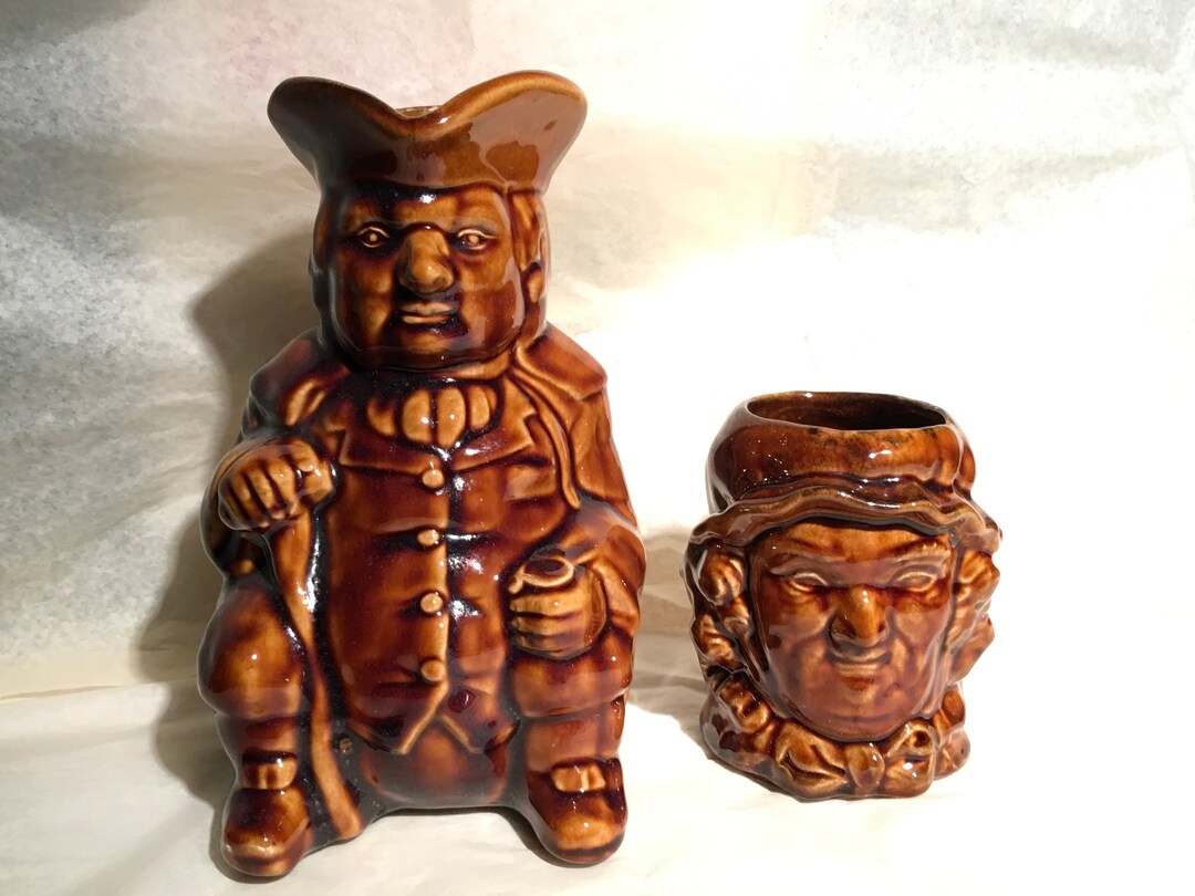 Vintage Rockingham Brown Glazed Pottery Oversized Water Pitcher & Mug ...