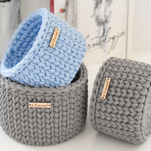 Round Basket, Knitted Grey Basket / Baby Blue - Etsy