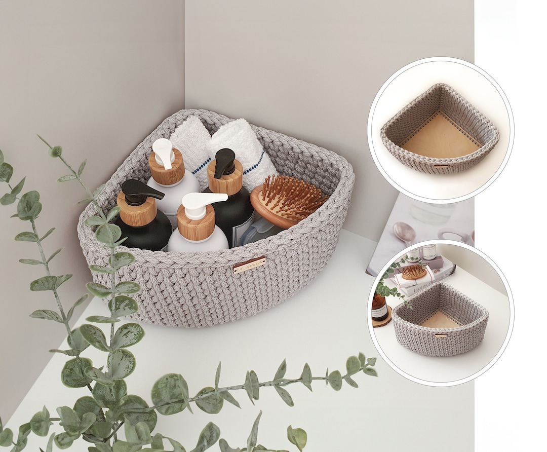 Handwoven Triangle Corner Shelf Basket With Wooden Bottom - Bathroom ...