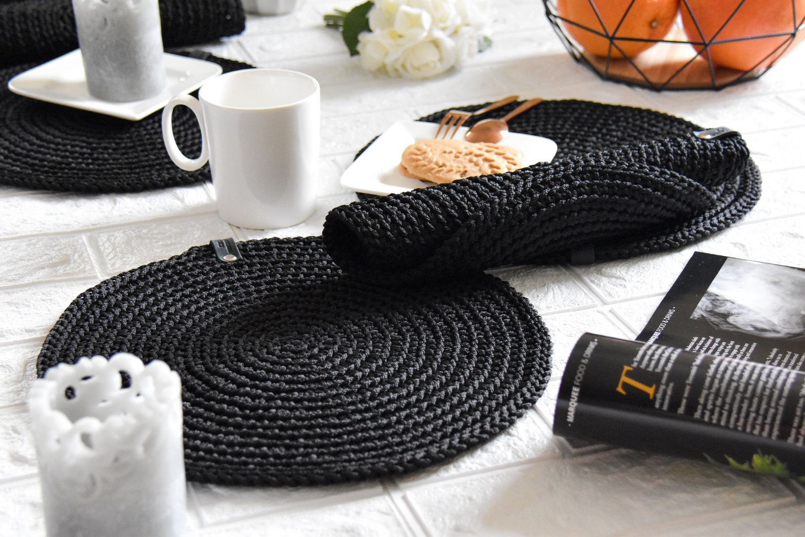 Crochet Dinner Table Mats Black Round Placemats Handmade - Etsy