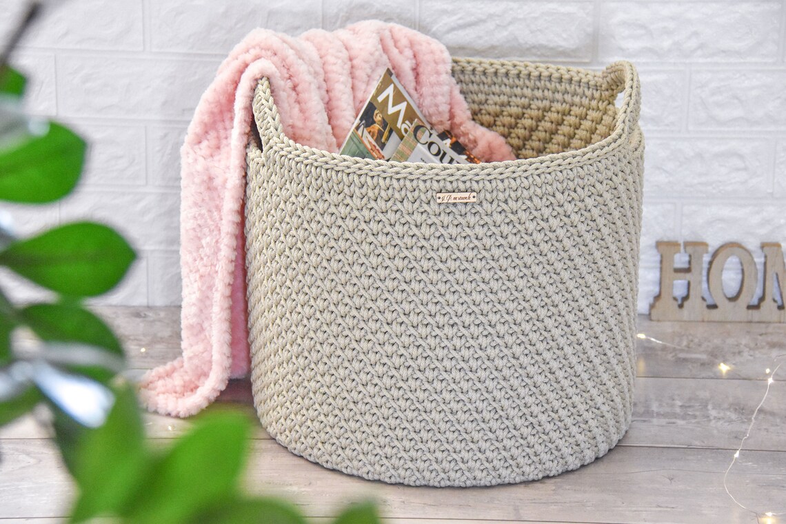 Big Ecru Basket Knit Laundry Hamper Modern Basket Crochet - Etsy