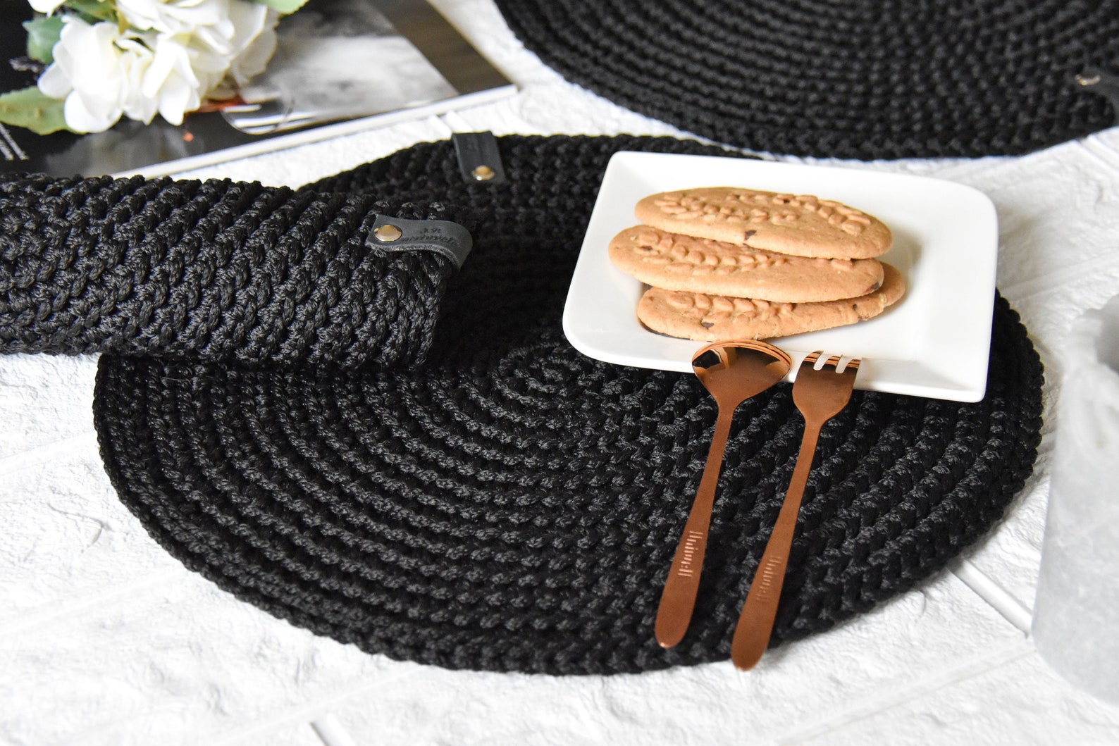 Crochet Dinner Table Mats Black Round Placemats Handmade - Etsy