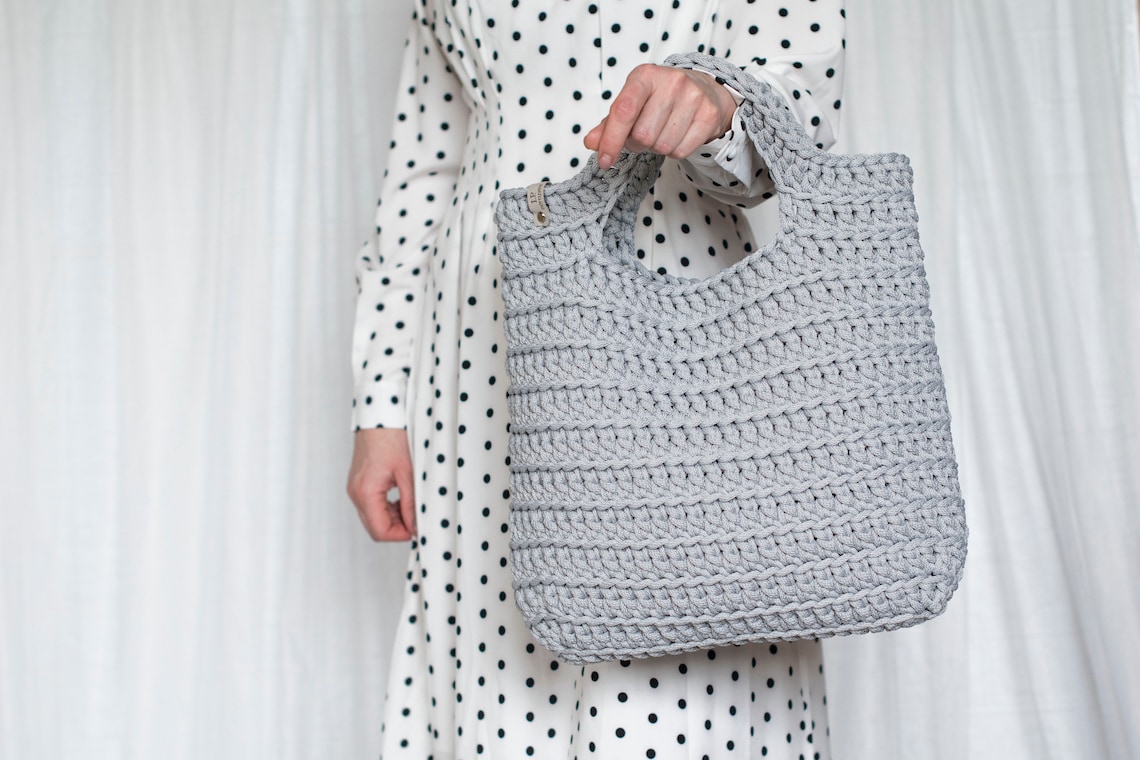 Light Grey Purse Handwoven Bag Knit Beach Bag Vacation | Etsy