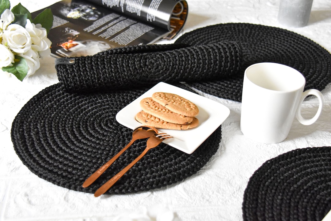 Crochet Dinner Table Mats, Black Round Placemats, Handmade Place Mats ...