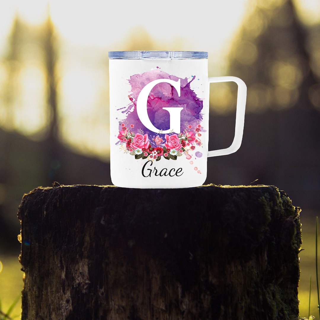 Letter G Floral Letter Mug, Personalized Camping Mug Floral Tumbler ...