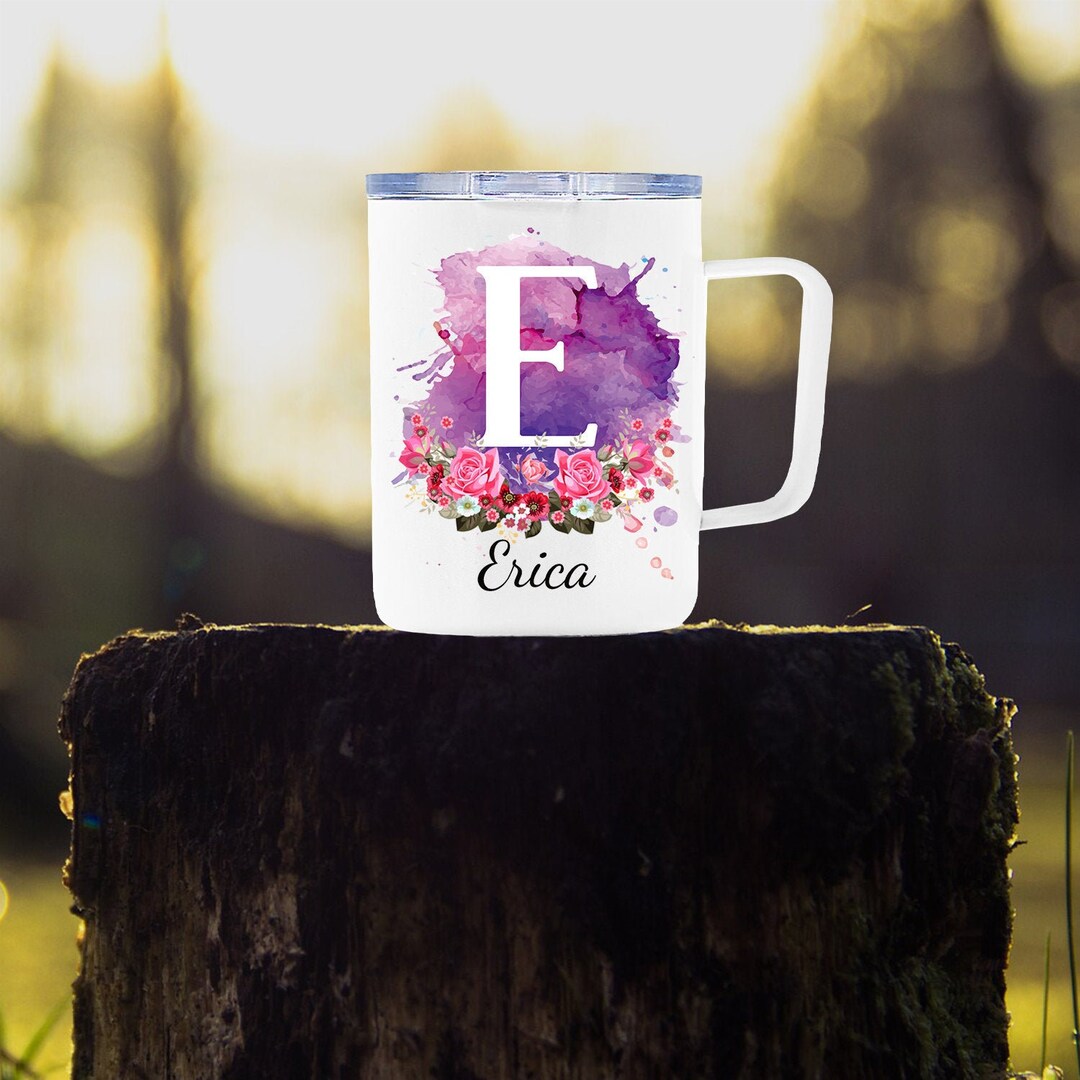 Letter E Floral Letter Mug Personalized Camping Mug Floral - Etsy