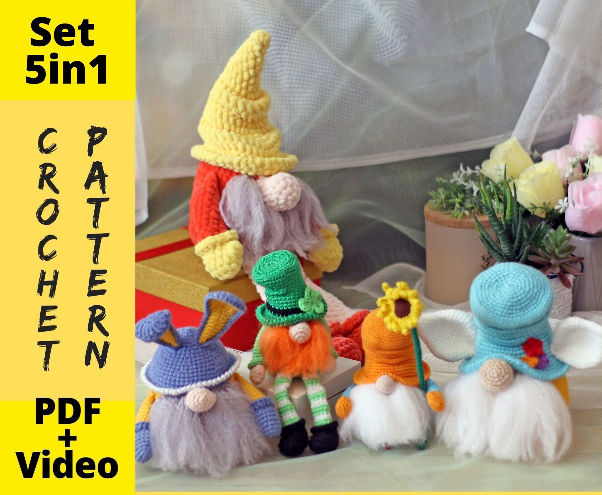 Crochet set 5 patterns gnomes Amigurumi pattern gnome Spring | Etsy