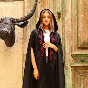 Black Moroccan Hand Embroidered Hooded Wool Cape, Bohemian Hooded Cloak ...