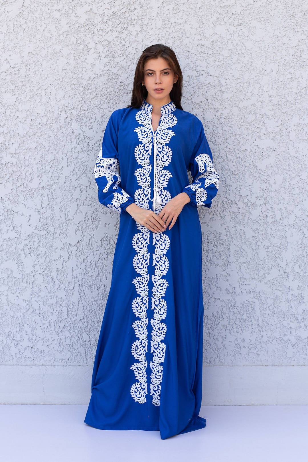 Beautiful Royal Blue Cotton Caftan for Women, Embroidered Long Sleeve ...