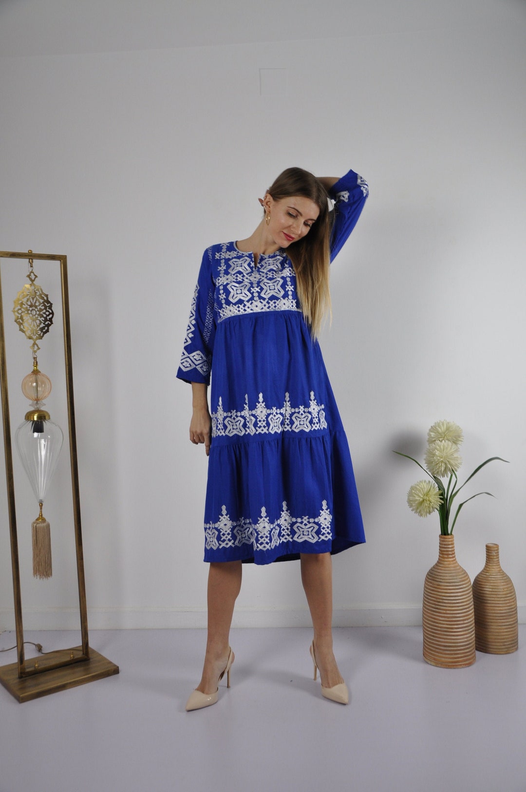 Blue Long Sleeve Embroidered Tunic Dress, Boho Tunic Dress, Summer ...