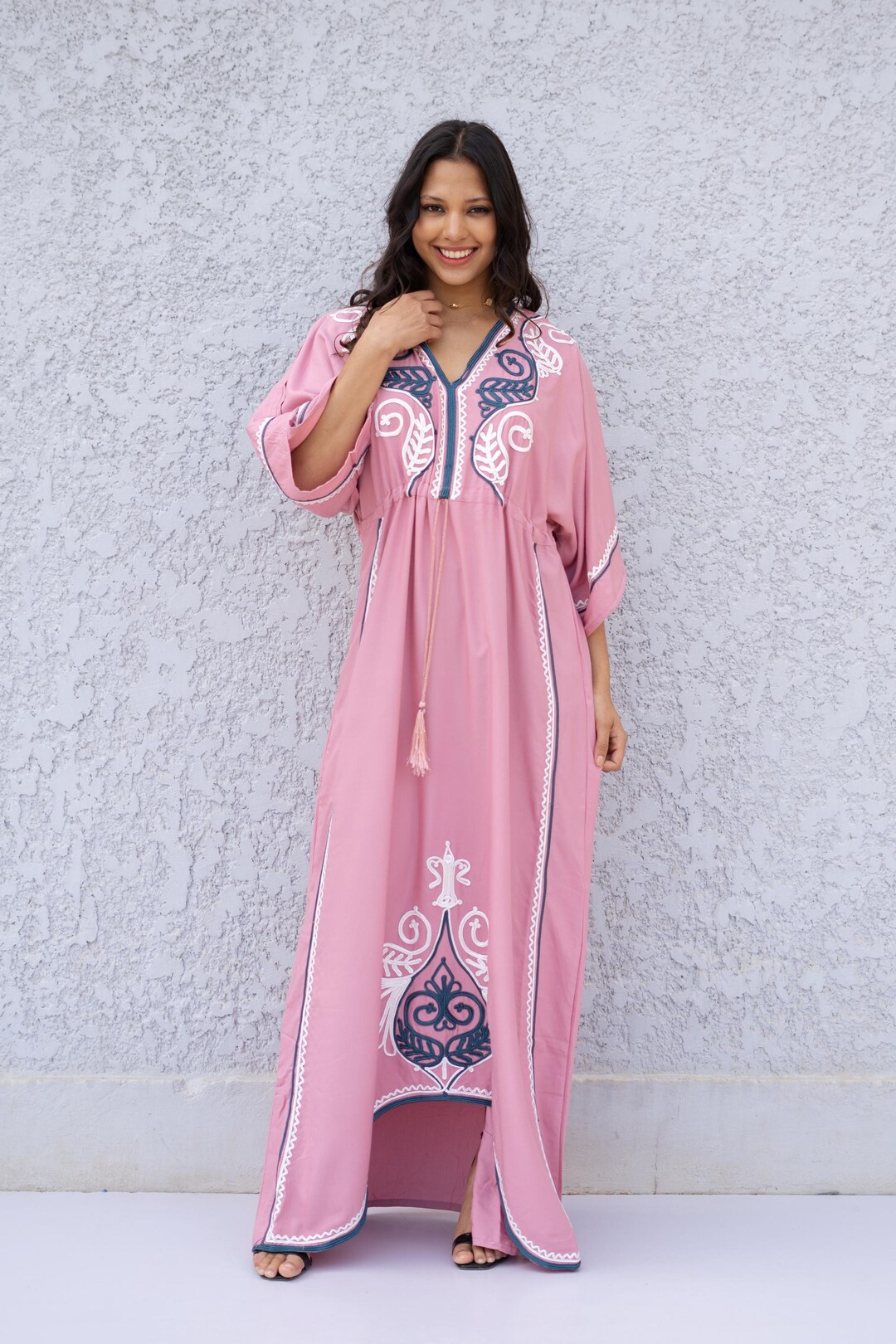 Salmon Pink Hand Embroidered Caftan, Cotton Caftan Dress, African Women ...