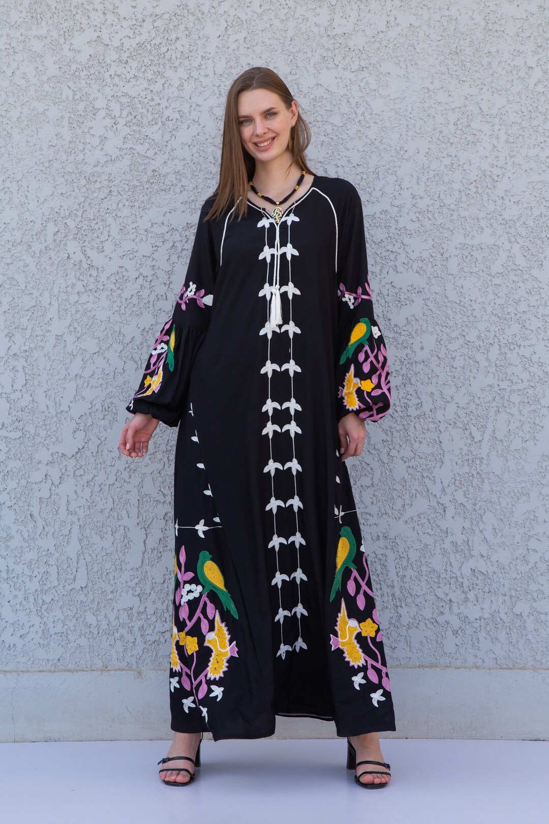 Black Kaftan Maxi Dress, Colorful Embroidered Egyptian Cotton, Bohemian ...