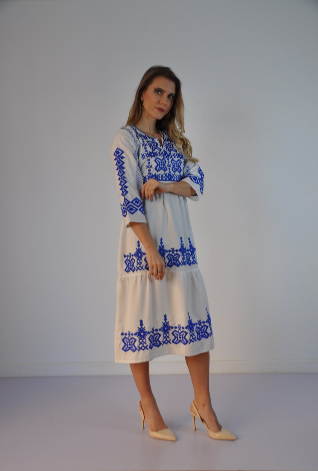 White Tunic Embroidered Kaftan, Bohemian Embroidery Tunic Dress ...
