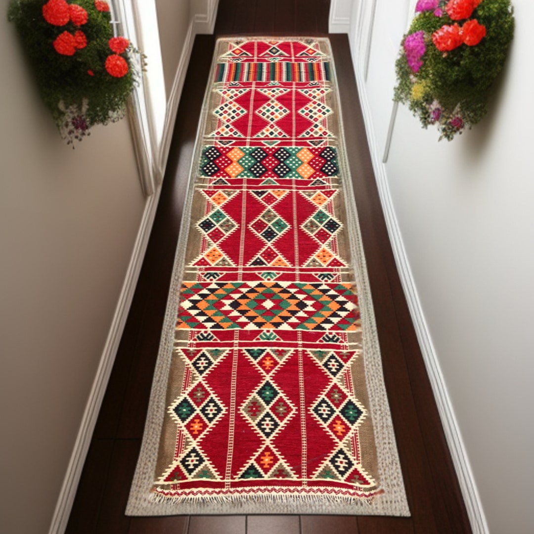 Kilim Runner, Boho Hallway Kilim Rug, Bohemian Bright Colored Rug, Red ...