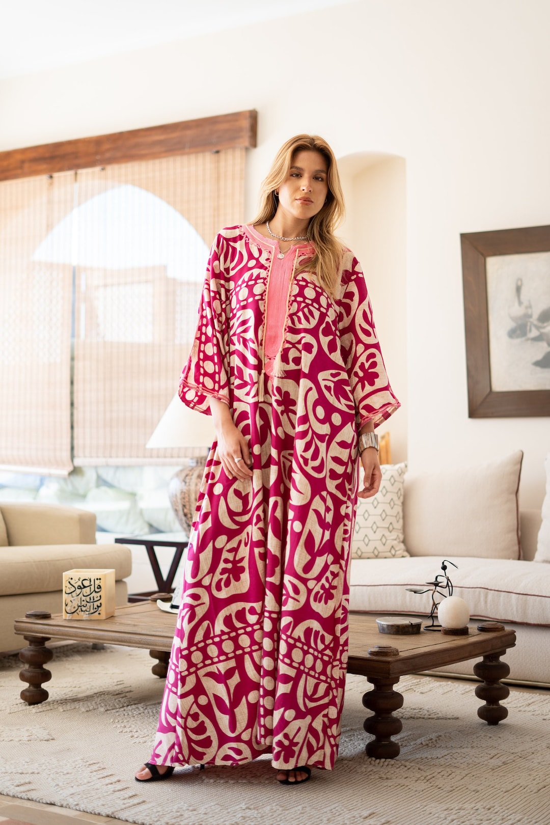Chic Pink Print Summer Embroidered Kaftan, Caftan, Caftans for Women ...