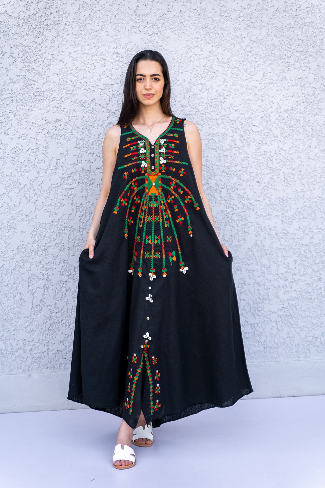 Bohemian Black Linen Caftan Dress, Siwa Embroidered Kaftan Dress, Boho ...