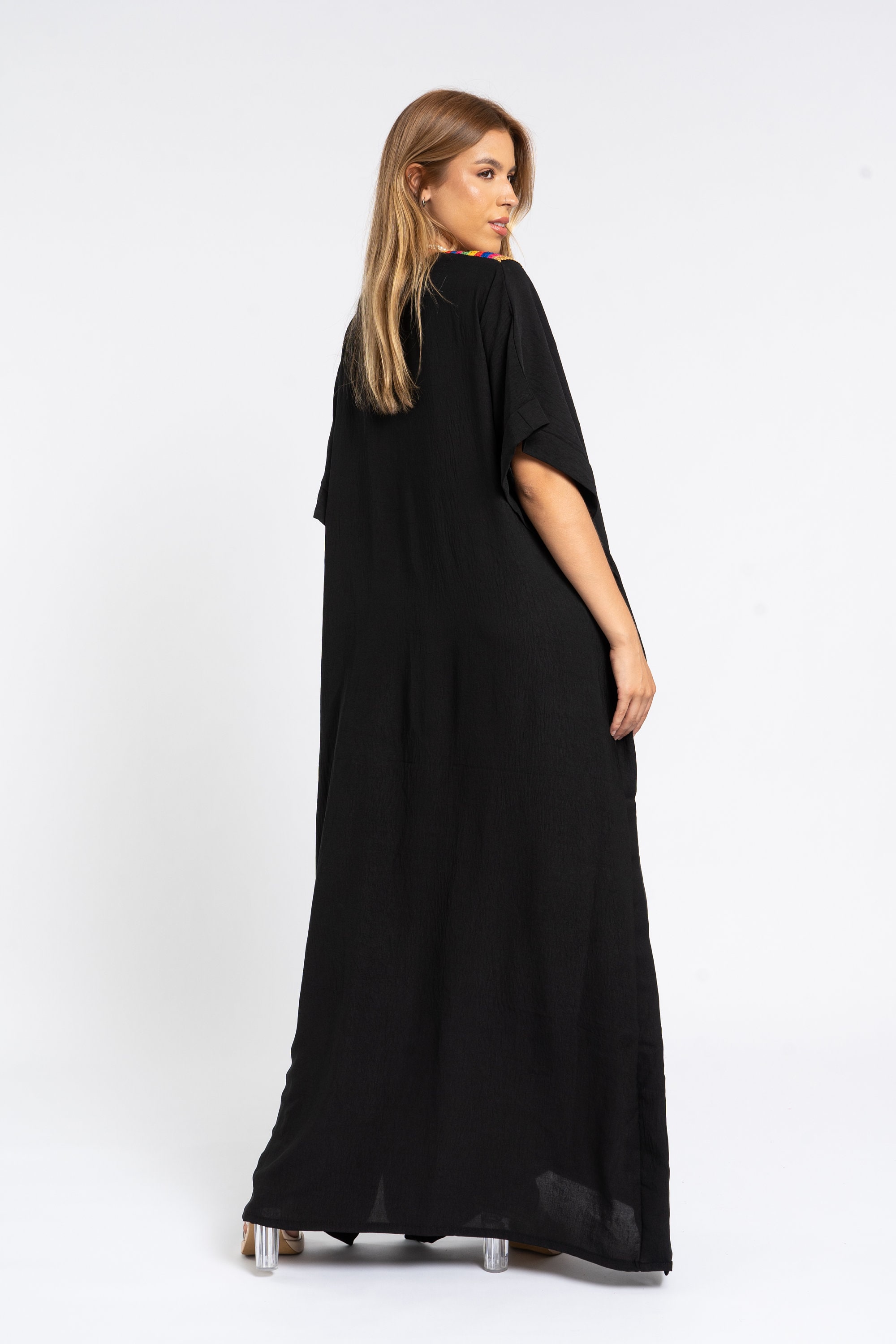 Boho Black Caftan for Women, Linen/poly Embroidered Caftan, Plus Size ...