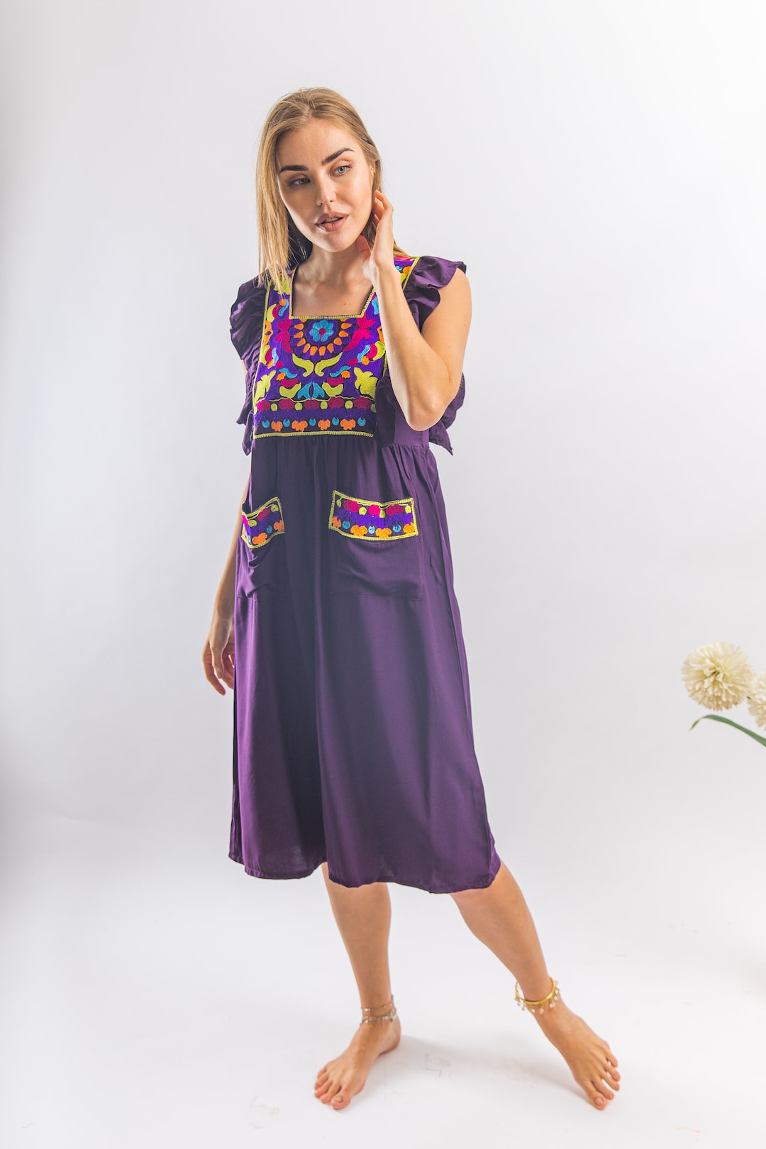 Off Shoulder Purple Tunic Embroidered Kaftan With Pockets, Embroidered ...