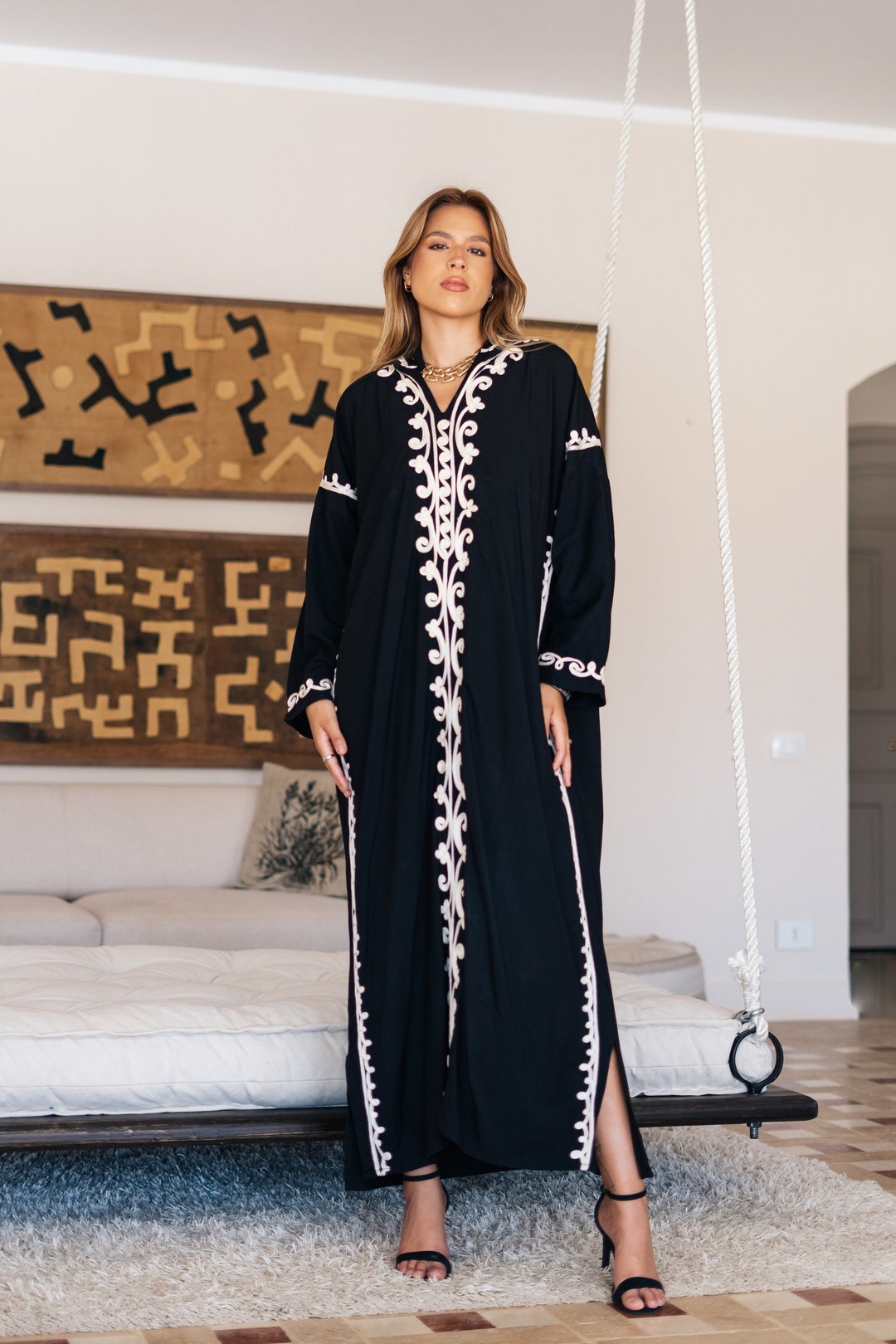 Luxurious Hooded Black Embroidered Caftan, Cotton Summer Caftan, Chic ...