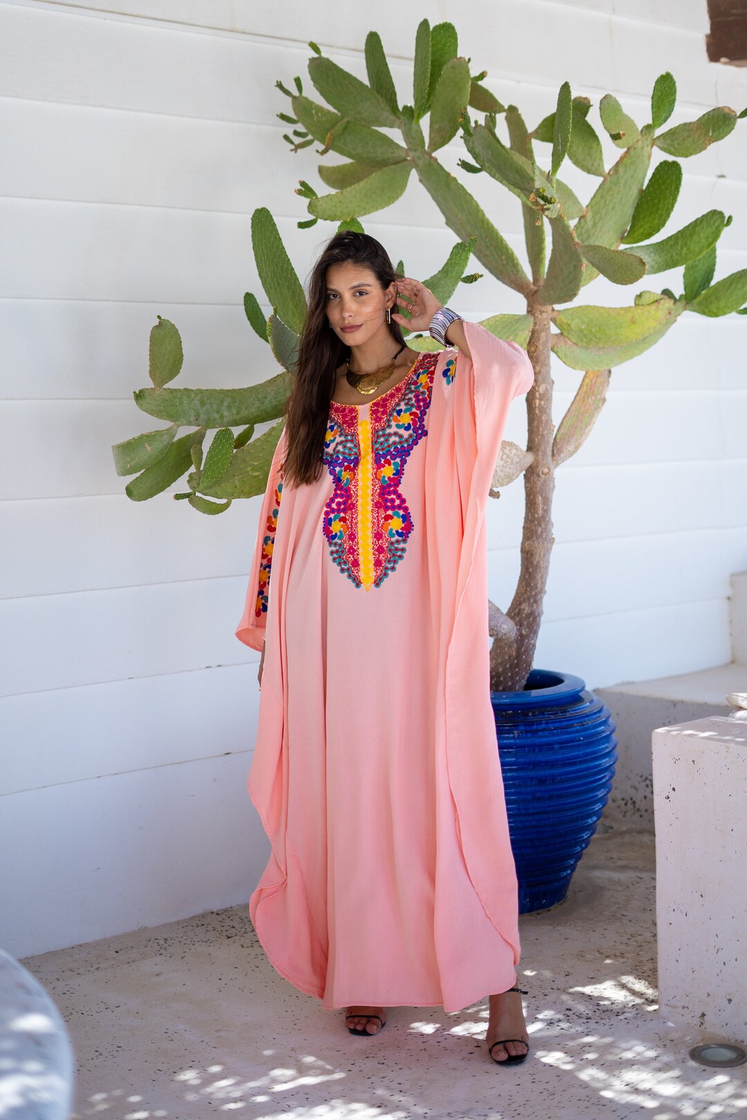 Boho Pink Embroidered Kaftan for Women, Colorful Caftan, Women's Kaftan ...