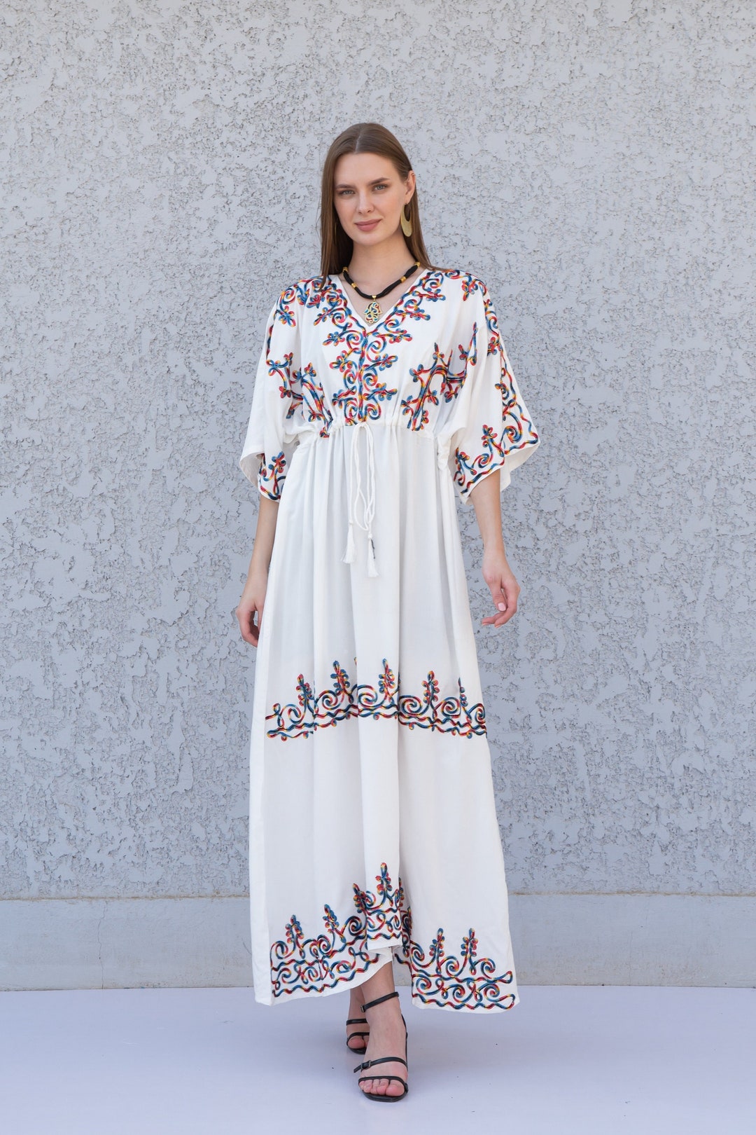 Chic White Embroidered Kaftan Dress, House Dress, African Women ...