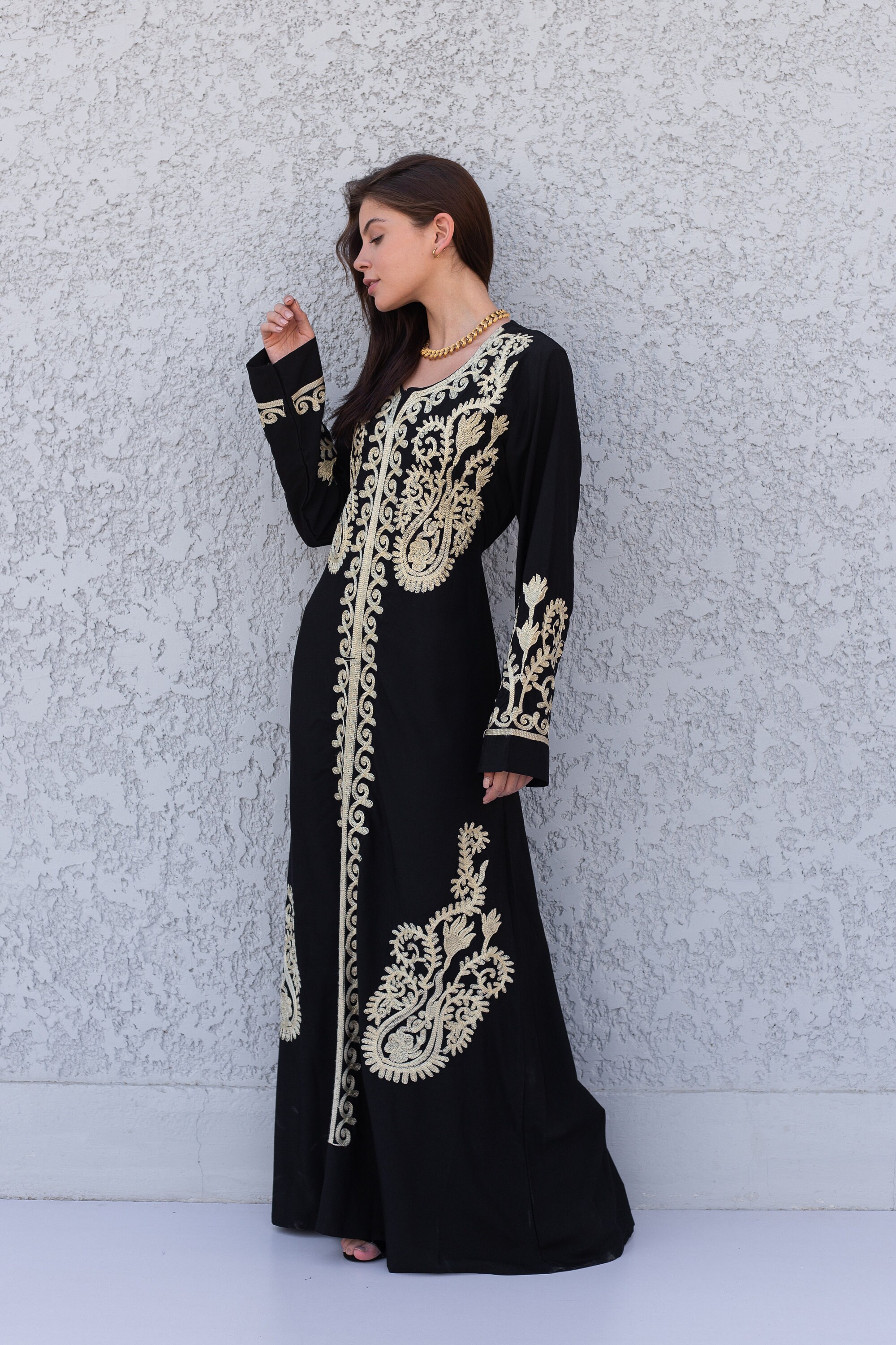 Royal Black Embroidered Cotton Caftan for Women, Embroidered Women ...