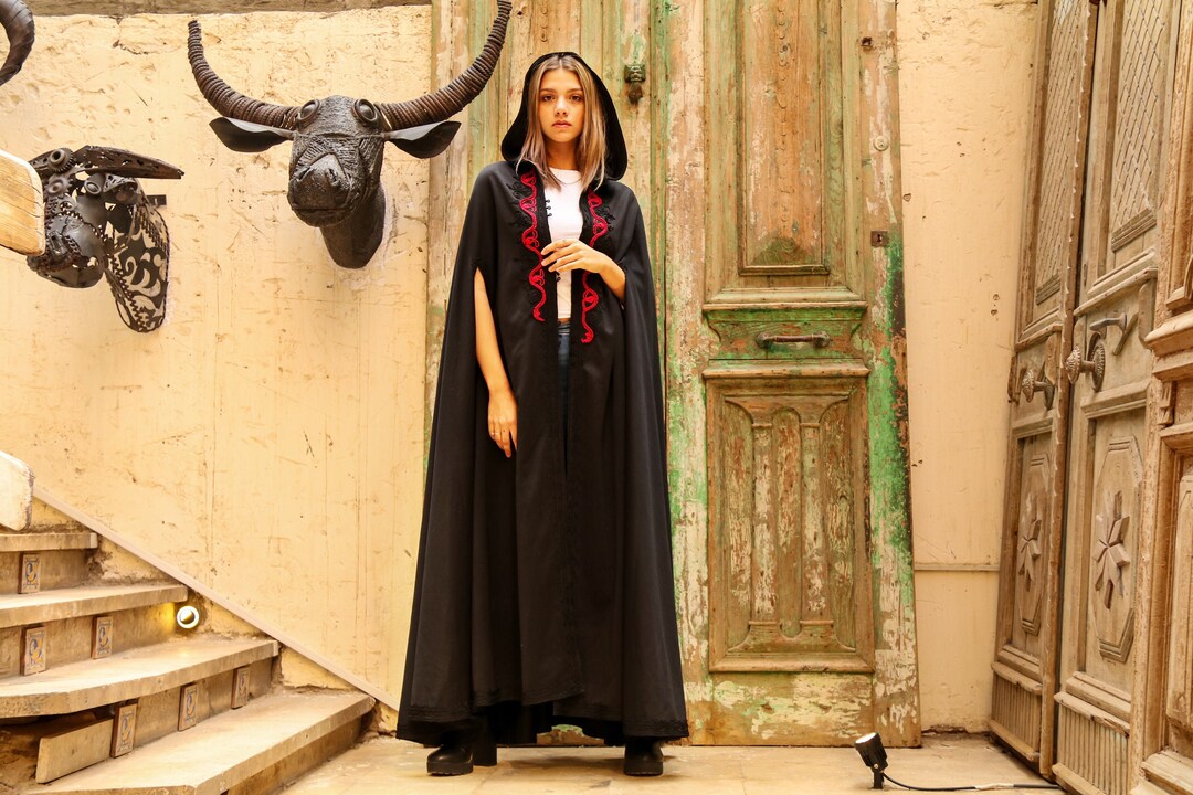 Black Moroccan Hand Embroidered Hooded Wool Cape, Bohemian Hooded Cloak ...